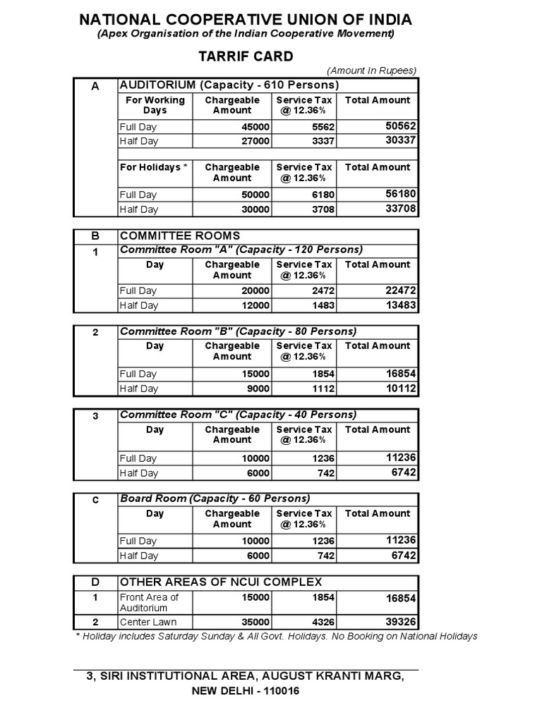 Tarrif Card: A AUDITORIUM (Capacity - 610 Persons) | PDF