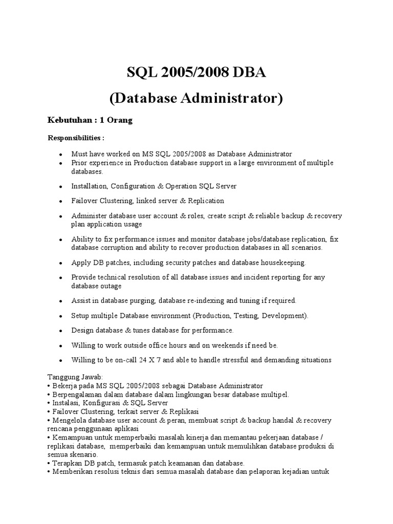 SQL 2005/2008 DBA (Database Administrator) : Kebutuhan: 1 Orang | PDF ...