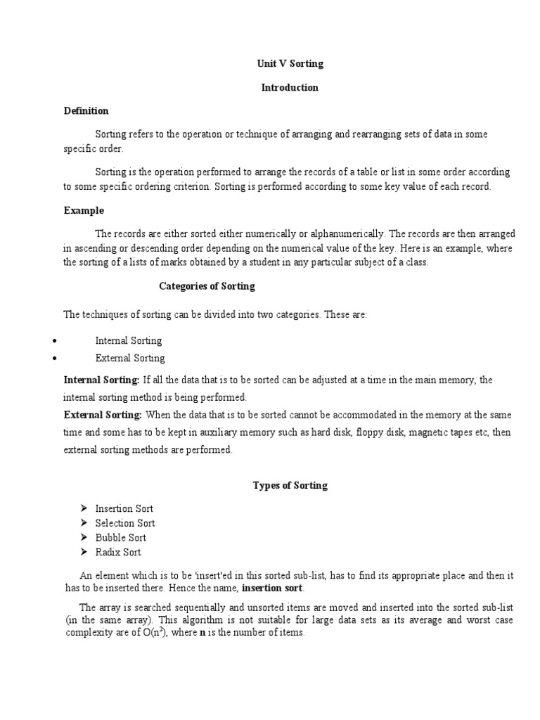 Unit V Sorting Pdf Data Algorithms And Data Structures 