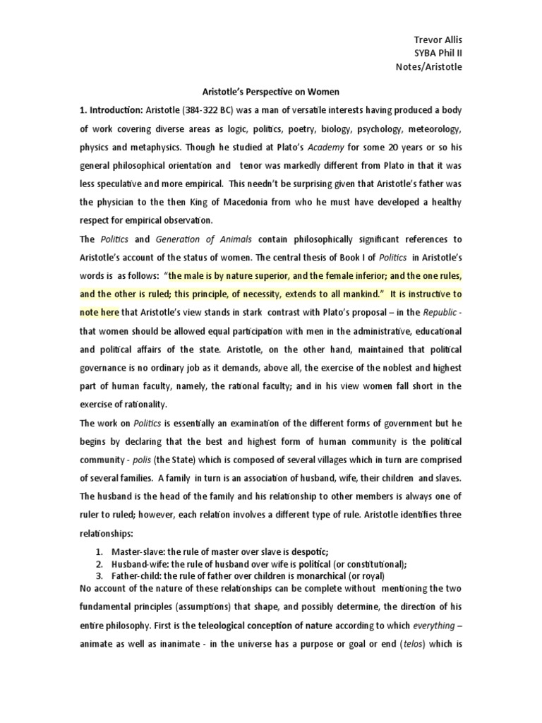 Aristotle's View On Women (Handout) | PDF | Aristotle | Reason