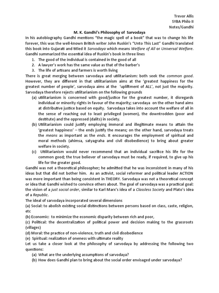 Gandhi - Sarvodaya (Handout) | PDF | Mahatma Gandhi | Capitalism