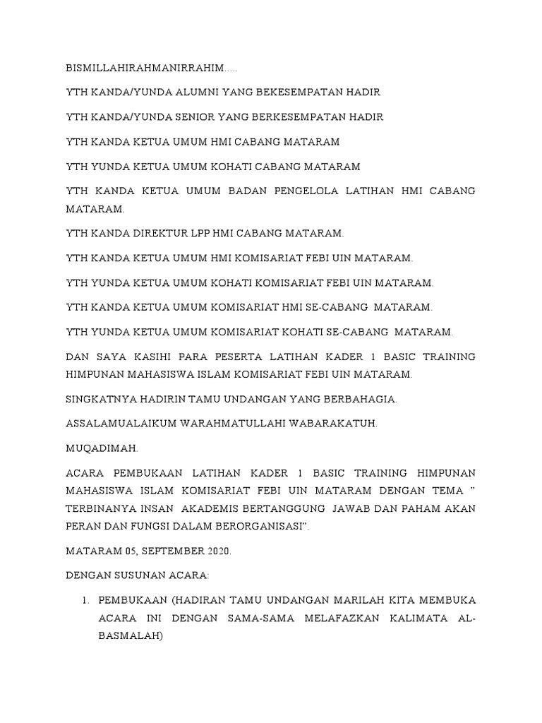 Draf MC Latihan Kader 1 Himpunan Mahasiswa Islam | PDF | Agama & Spiritualitas