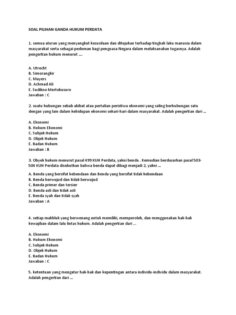 Soal Pilihan Ganda Hukum Perdata | PDF | Hukum
