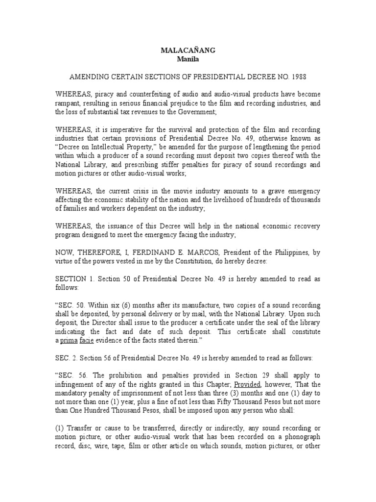 PD 1988 | PDF | Copyright Infringement | Repeal