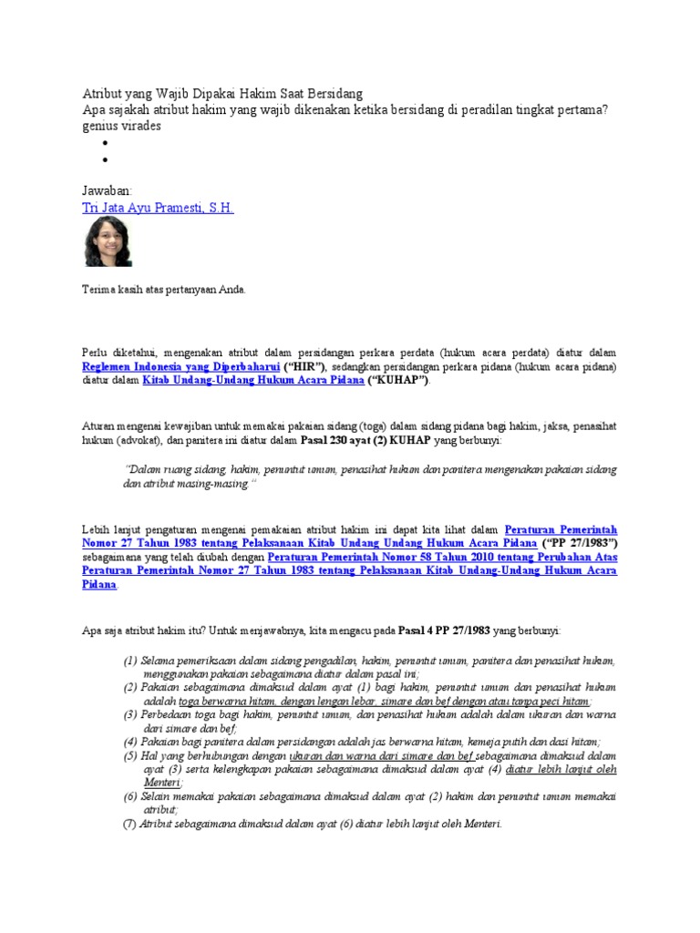 Atribut Yang Wajib Dipakai Hakim Saat Bersidang | PDF