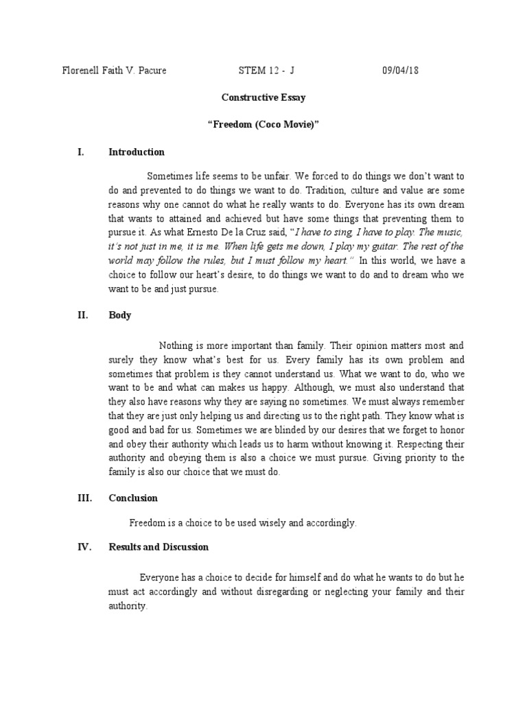 Constructive Essay "Freedom (Coco Movie) " I | PDF | Self-Improvement