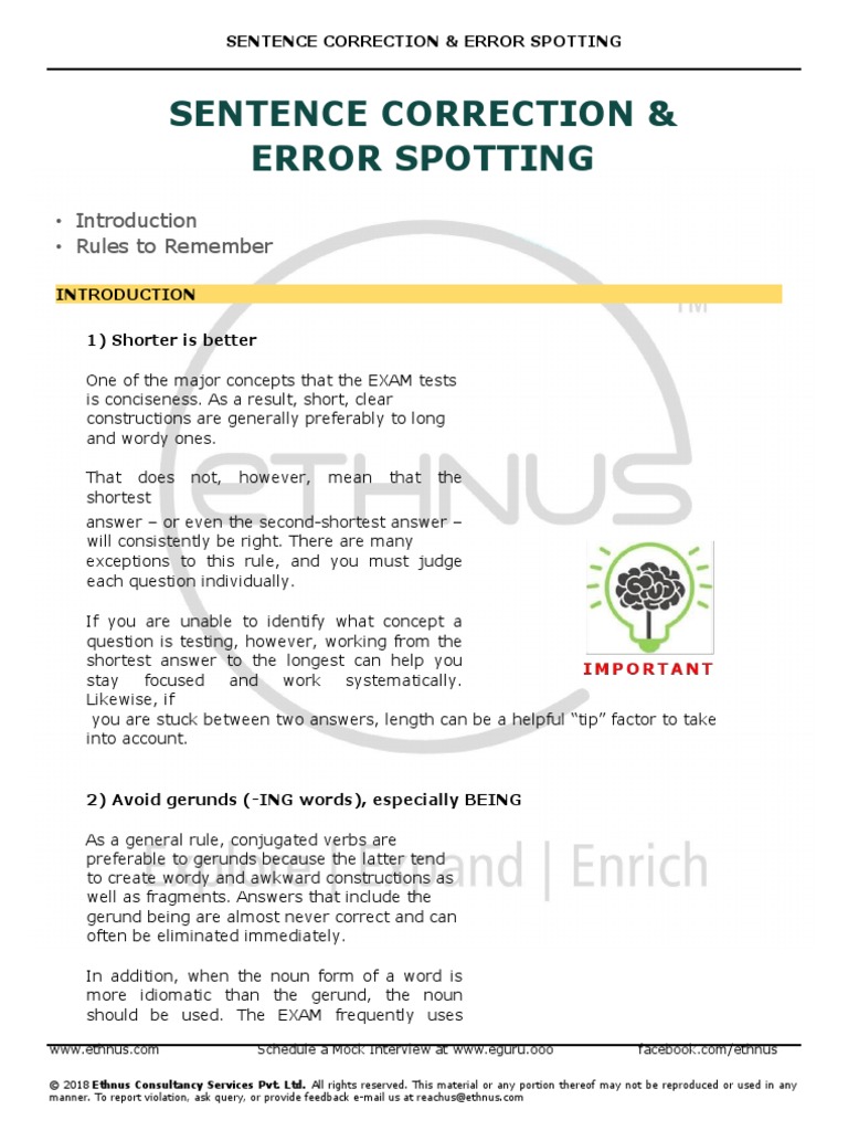 Sentence Correction & Error Spotting: - Introduction - Rules To Remember | PDF | Grammatical ...