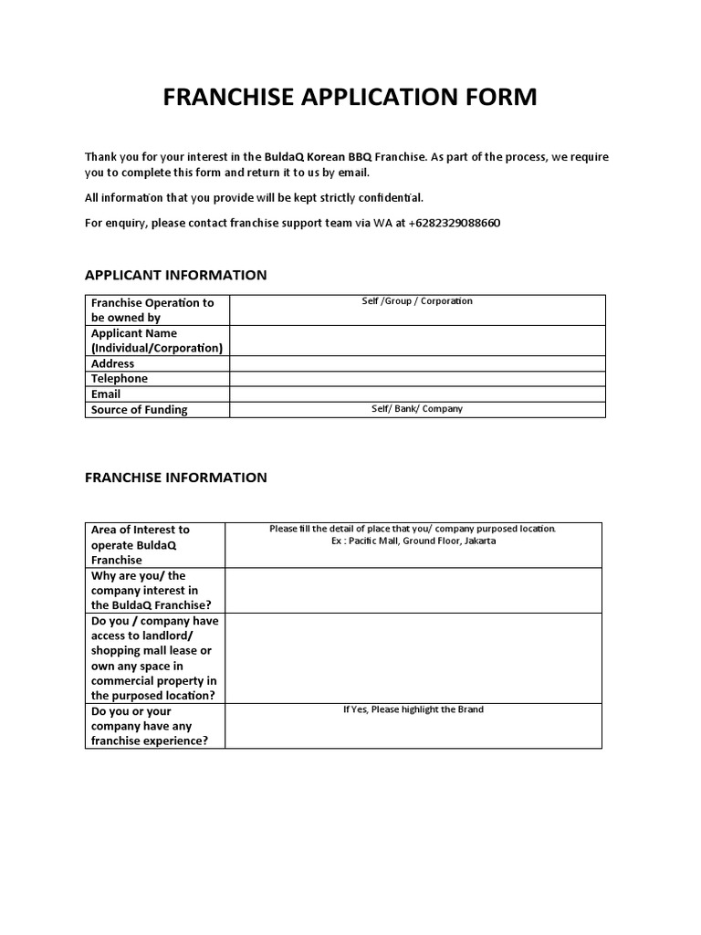 Franchise Application Form: Applicant Information | PDF