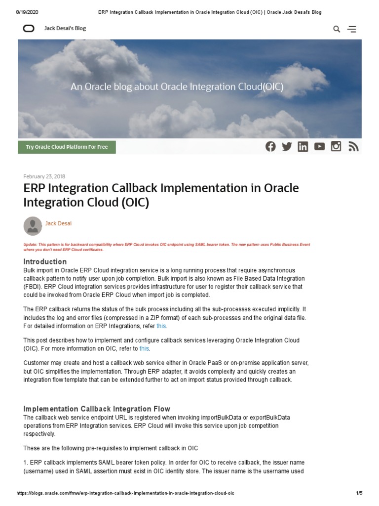 Erp Integration Callback Implementation In Oracle Integration Cloud Oic Oracle Jack Desais
