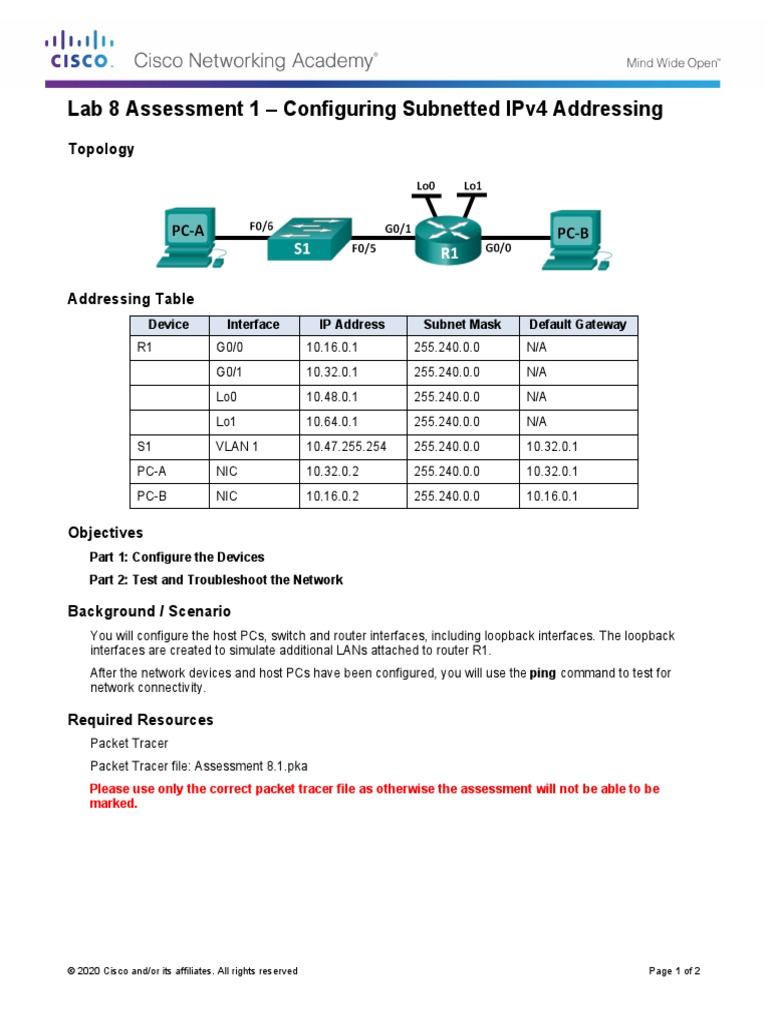 Lab - 8 Assessment 1 Subnetted IPv4 Configuration V2 | PDF | Ip Address | Router (Computing)
