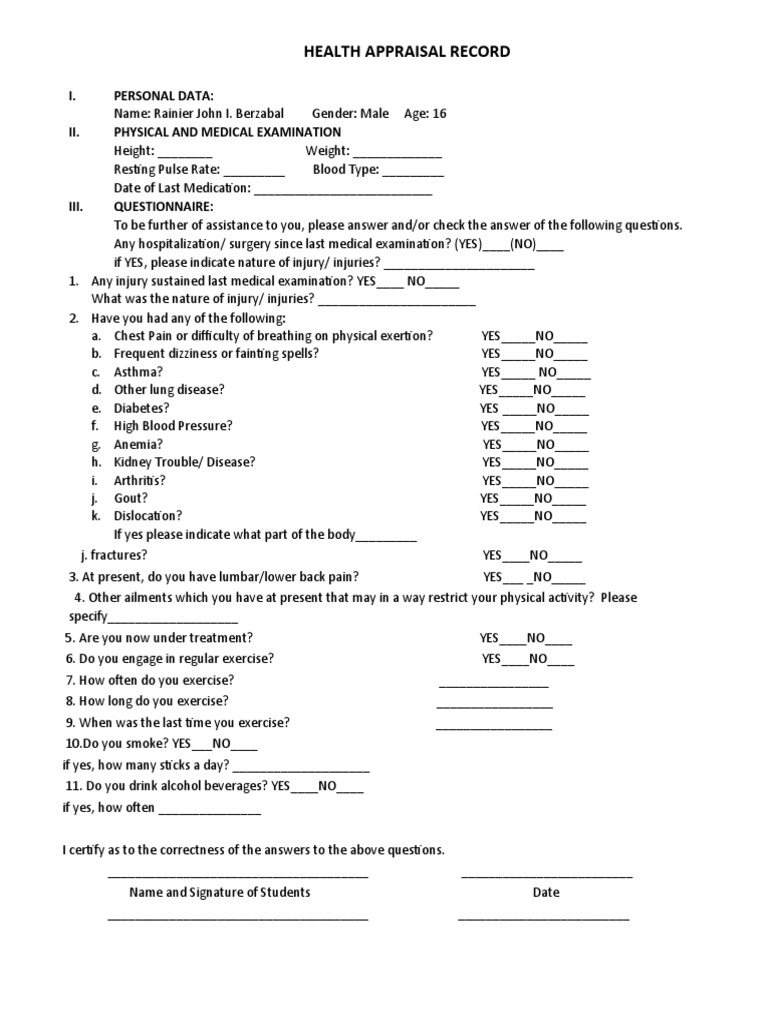 Health Appraisal Record: I. Personal Data: II. Physical and Medical ...
