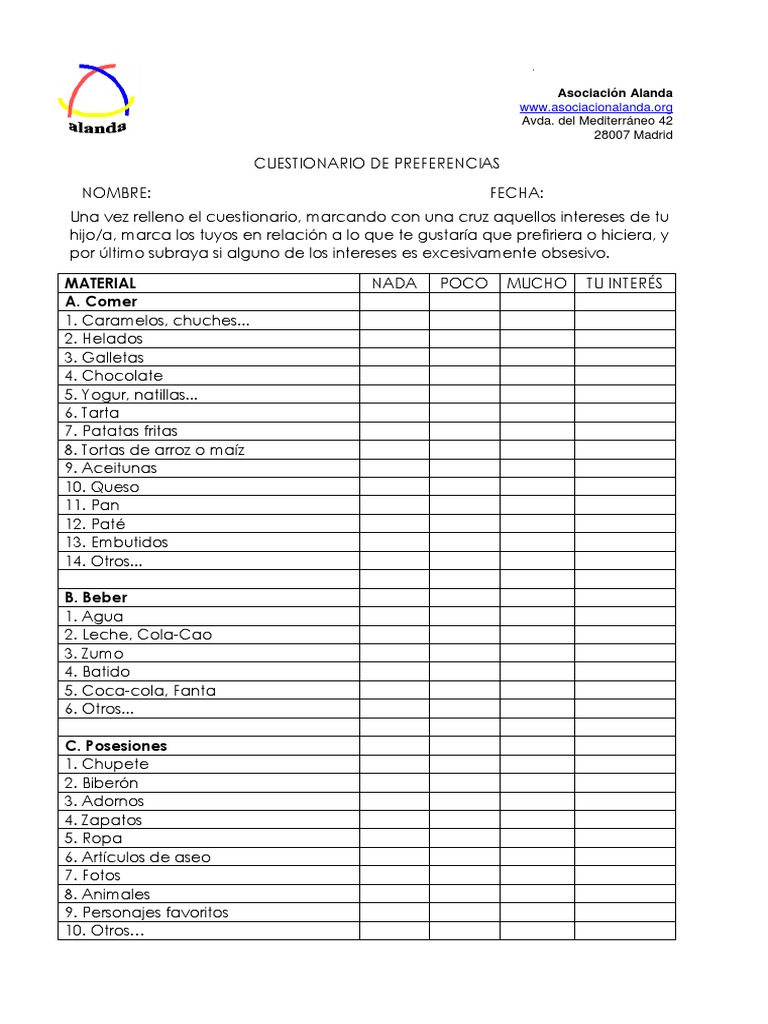 Cuestionario de Preferencias | PDF | Cocina | Alimentos