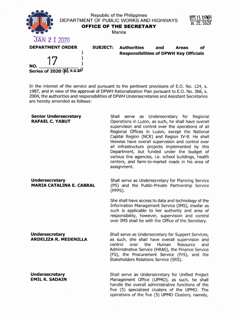 DPWH Key Officials' Responsibilities | PDF | Social Institutions ...