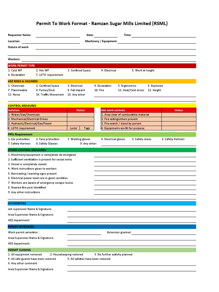 Work Permit Format | PDF | Fires | Personal Protective Equipment