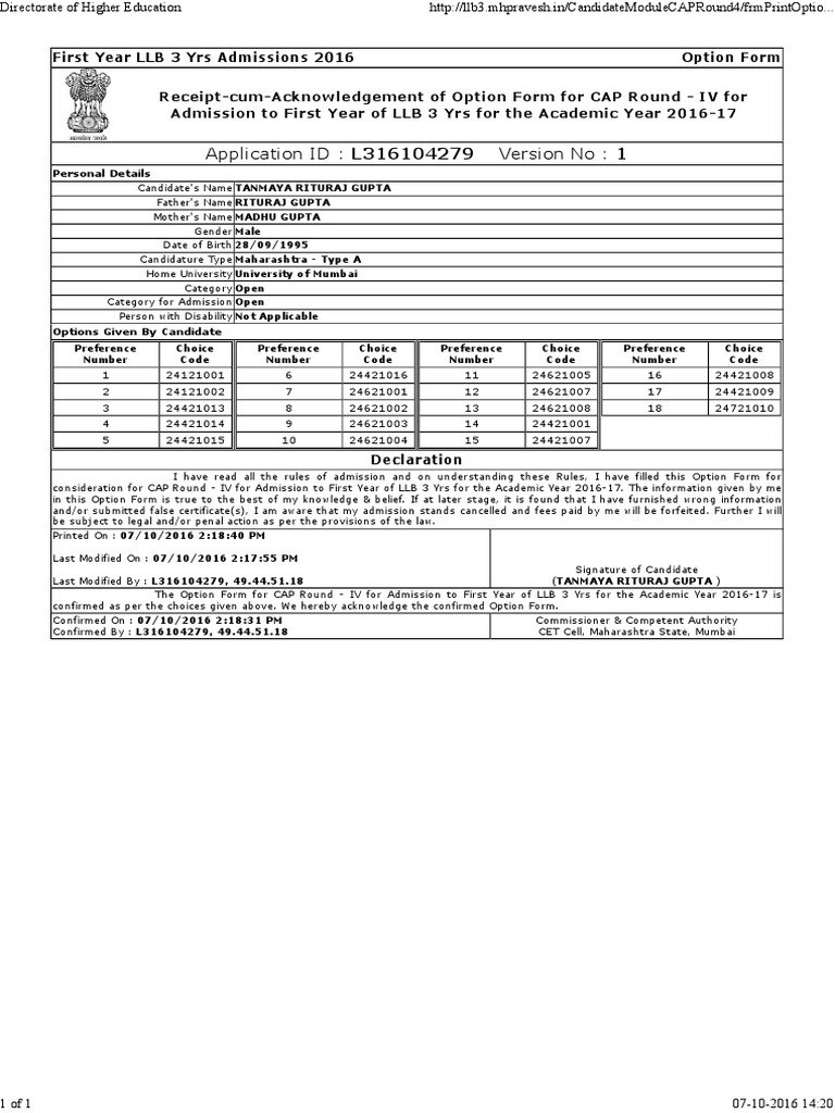 LLB 3 Yrs CAP Round IV Option Form | PDF