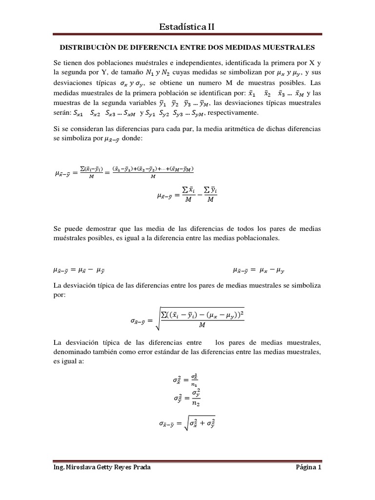 Distribución de la diferencia entre dos medidas muestrales y dos proporciones muestrales | PDF ...