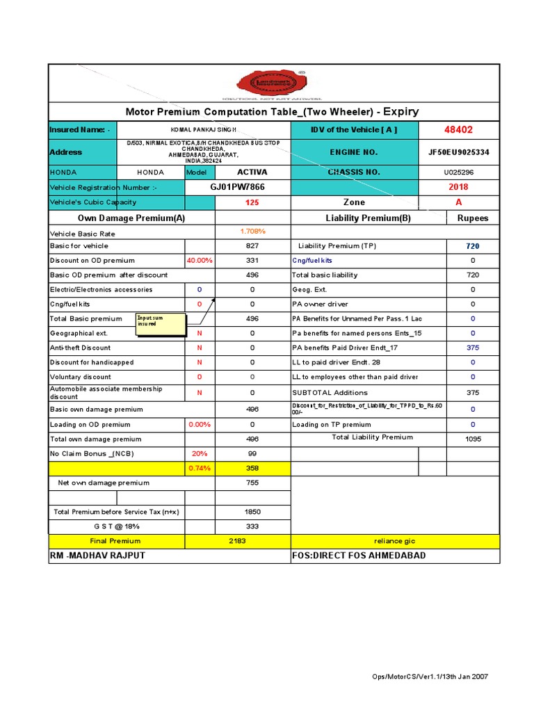 Motor Premium Computation Table - (Two Wheeler) - : Expiry | Download ...