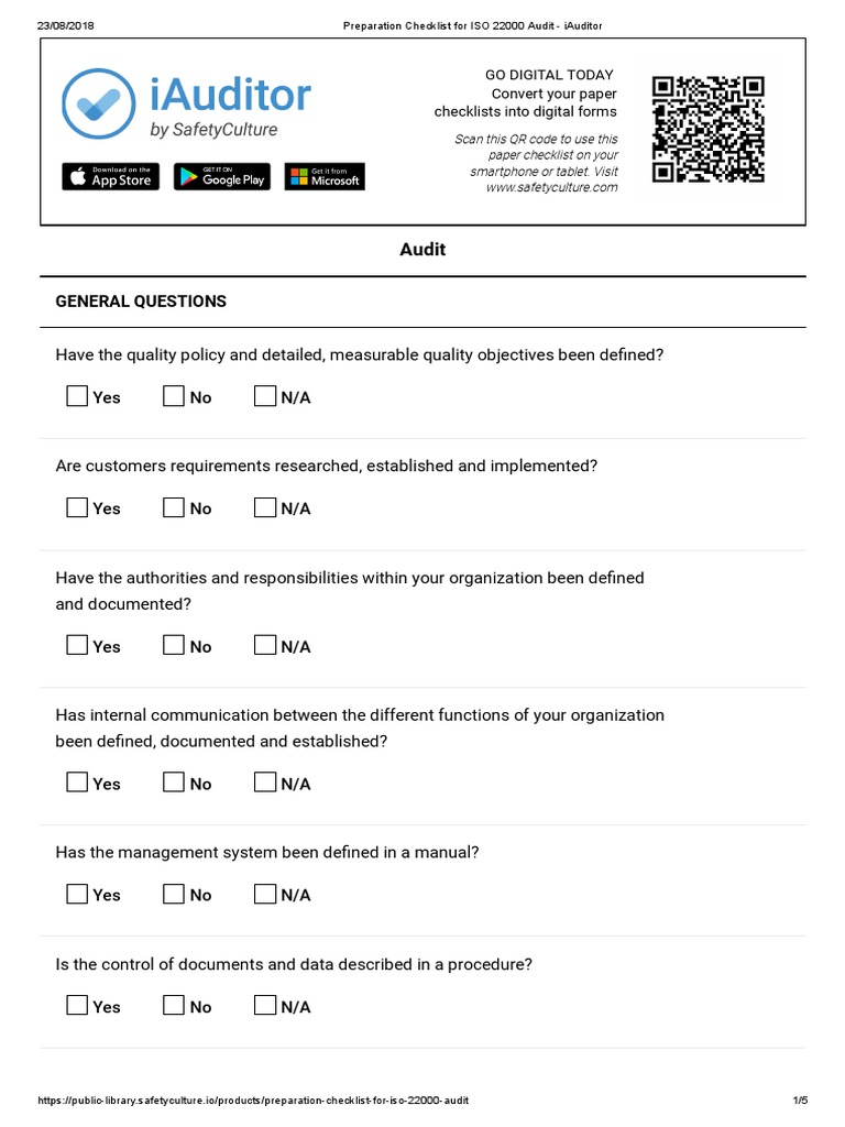 Preparation Checklist For ISO 22000 Audit Iauditor | PDF | Audit ...