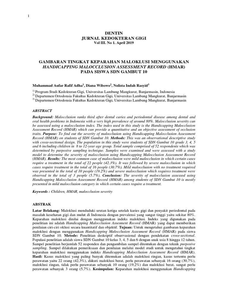 Dentin Jurnal Kedokteran Gigi: Handicapping Malocclusion Assessment ...