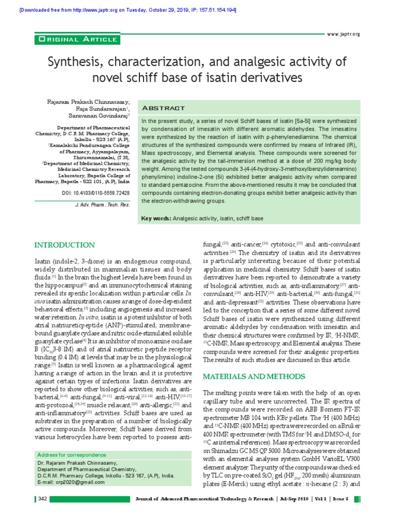 Synthesis, Characterization, and Analgesic Activity of Novel Schiff Base of Isatin Derivatives ...