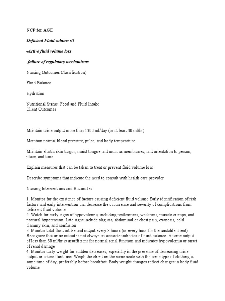 Deficient Fluid Volume R/T - Active Fluid Volume Loss - Failure of ...
