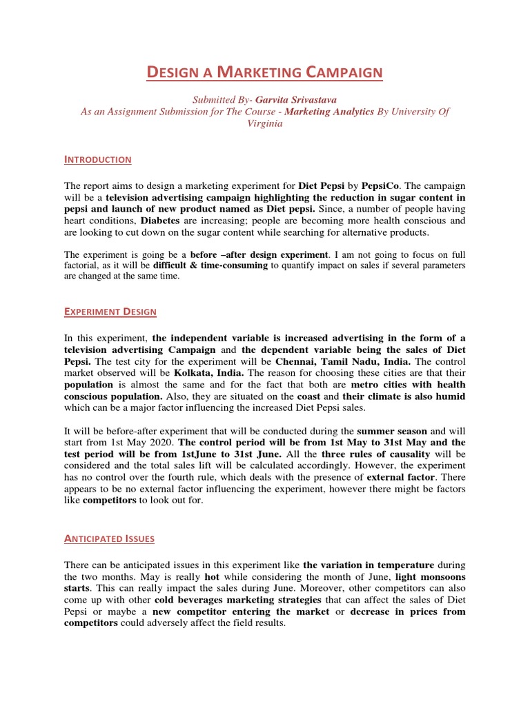Marketing Experiment for Diet Pepsi | PDF | Pepsi Co | Experiment