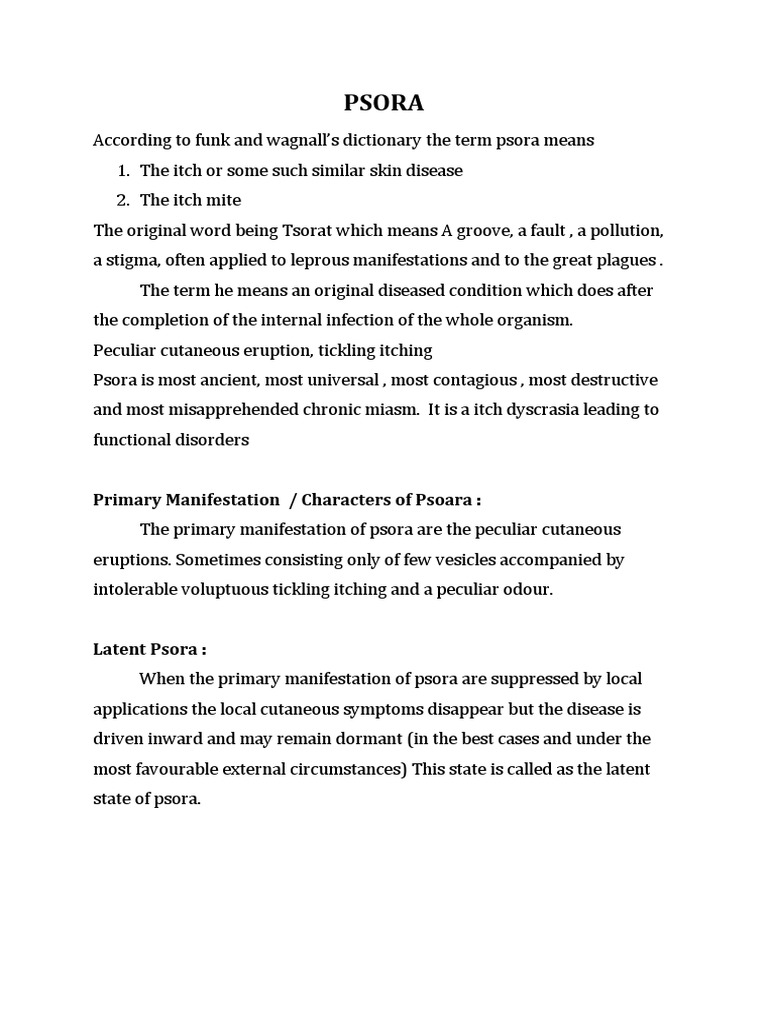 Psora: Primary Manifestation / Characters of Psoara | PDF | Diseases ...