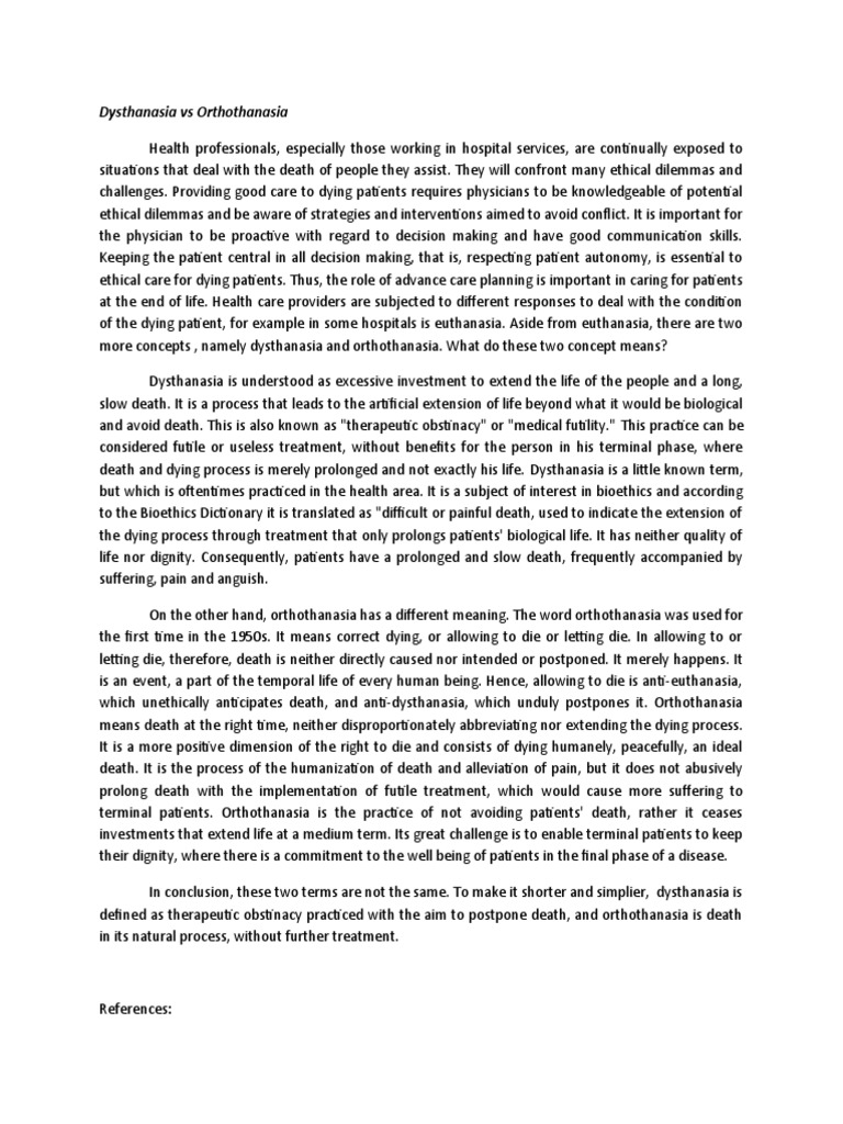 Dysthanasia Vs Orthothanasia | PDF | Bioethics | Death