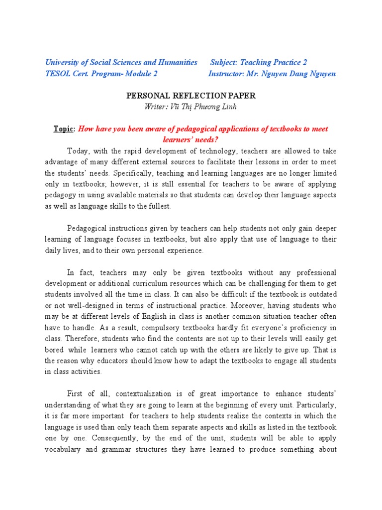 Personal Reflection Paper | PDF | Textbook | Learning