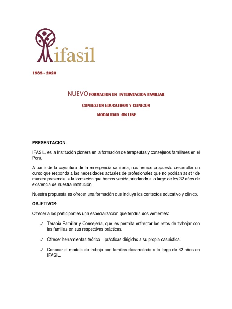 Ifasil Nuevo Curso 2020 PDF | PDF | Terapia familiar | Psicoterapia