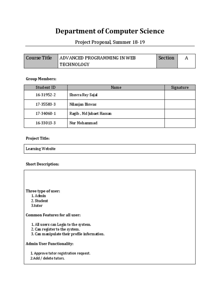 Department of Computer Science: Project Proposal, Summer 18-19 Course ...