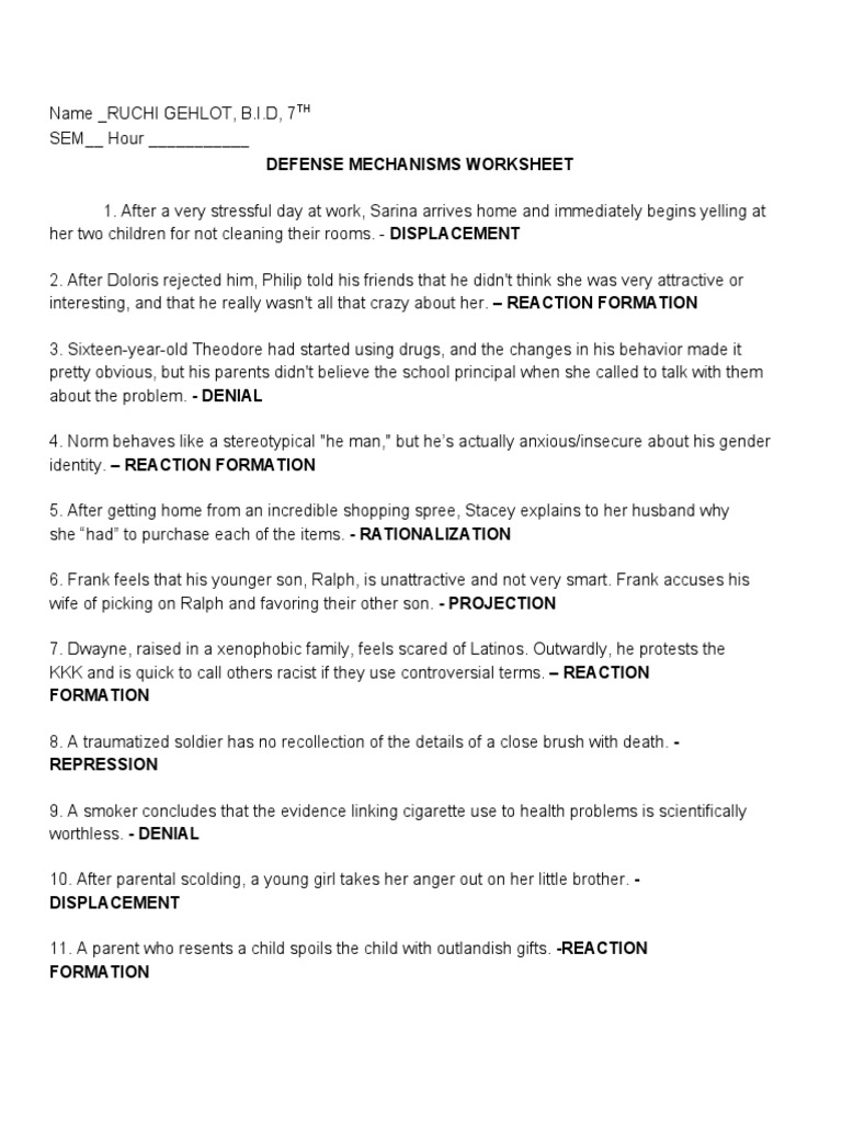 Defense Mechanisms Worksheet-Ruchi Gehlot | PDF | Behavioural Sciences ...