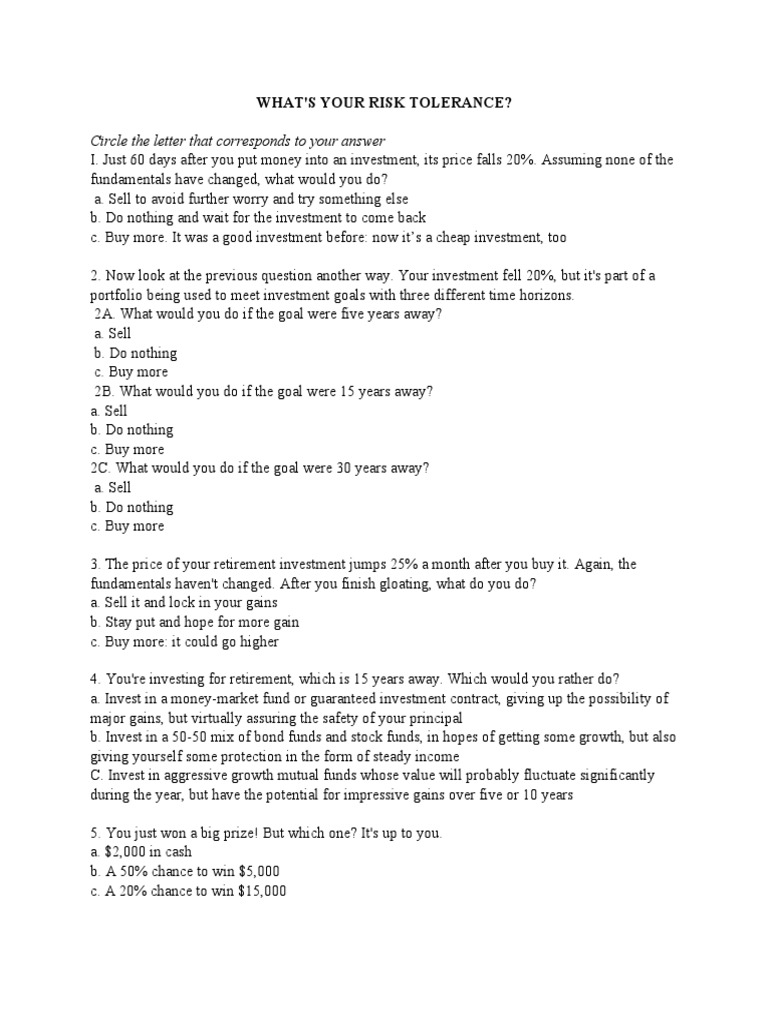 Circle The Letter That Corresponds To Your Answer: What'S Your Risk ...