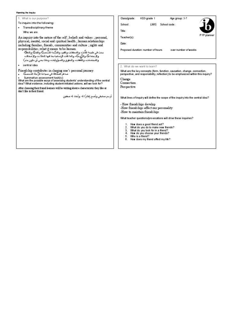 Grade 1-KG3-WWA-PYP Planner Template | PDF | Teaching | Educational ...