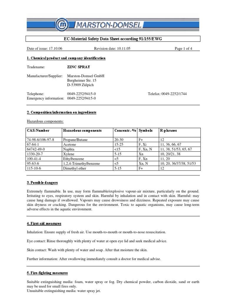 Zinc Spray Safety Data Sheet | PDF | Water | Aerosol