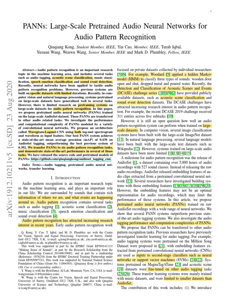 Panns: Large-Scale Pretrained Audio Neural Networks For Audio Pattern Recognition | Download ...
