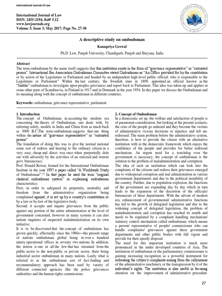 A Descriptive Study On Ombudsman | PDF | Sweden | Parliament