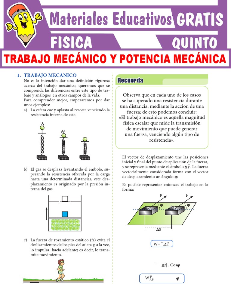 Trabajo Mecánico y Potencia Mecánica para Quinto Grado de Secundaria ...