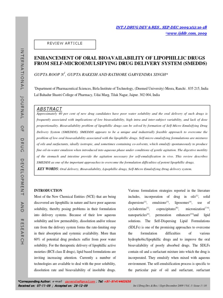 Enhancement of Oral Bioavailability of Lipophillic ...