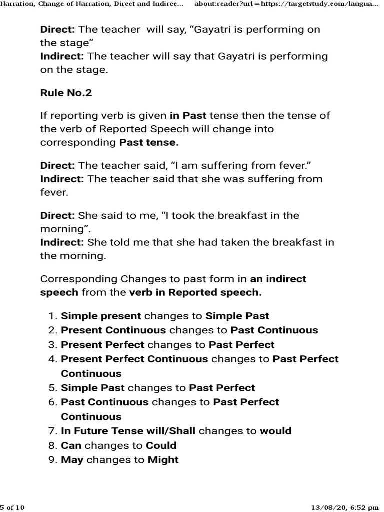 Rules for Direct and Indirect Narration | PDF | Perfect (Grammar ...