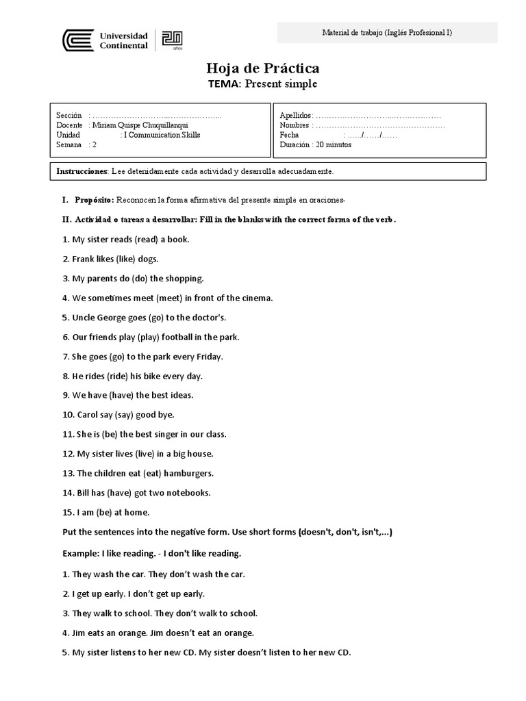 Hoja de Práctica - Present Simple | PDF | Foods