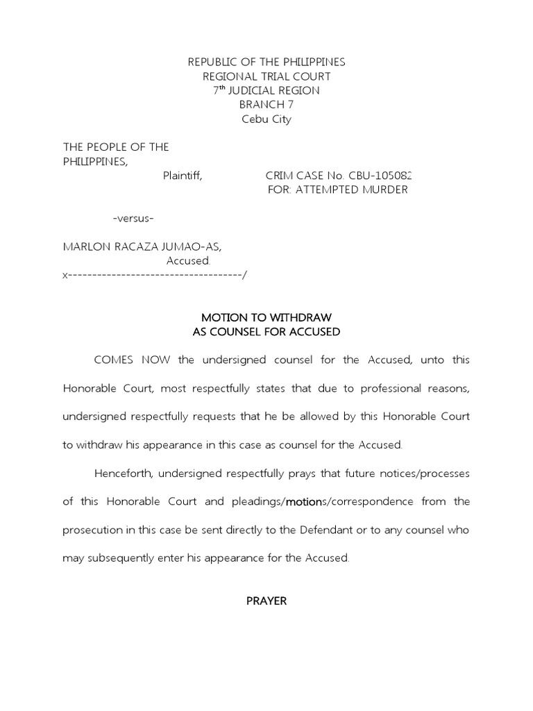 Motion To Withdraw As Counself For Accused | PDF | Prosecutor | Pleading