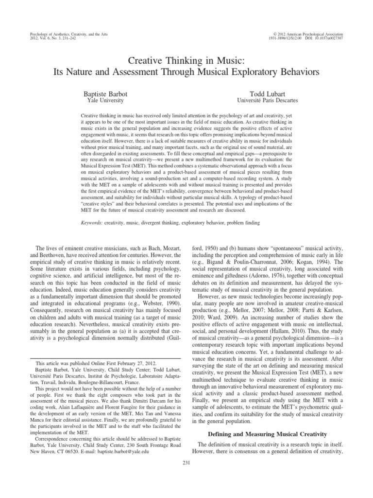 Creative Thinking in Music Its Nature An PDF | PDF | Creativity | Cognition