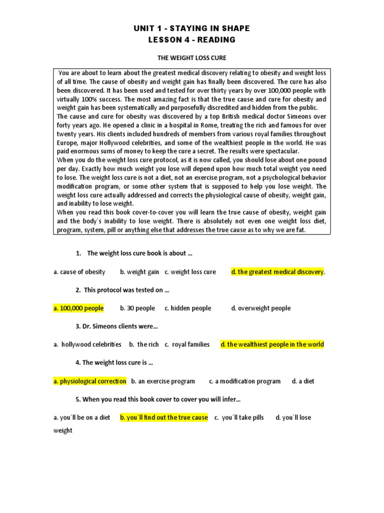 Handout 4 Unit 1 Reading | PDF | Obesity | Weight Loss