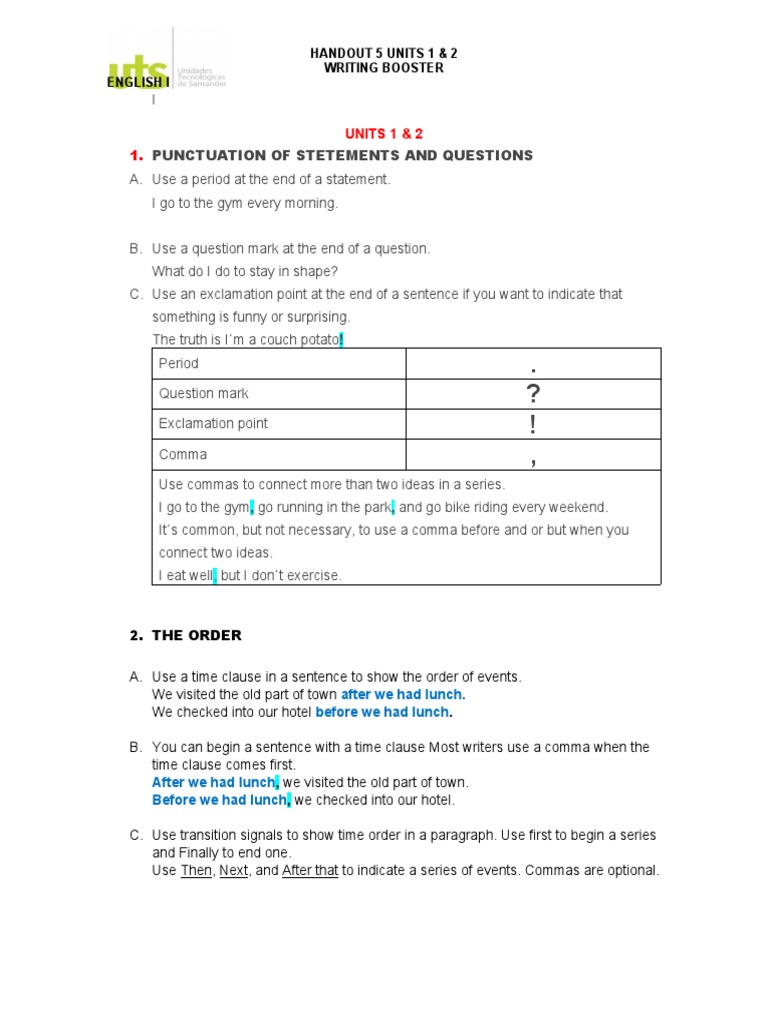 Handout 5 Writing Booster Units 12 | PDF | Comma | Sentence (Linguistics)