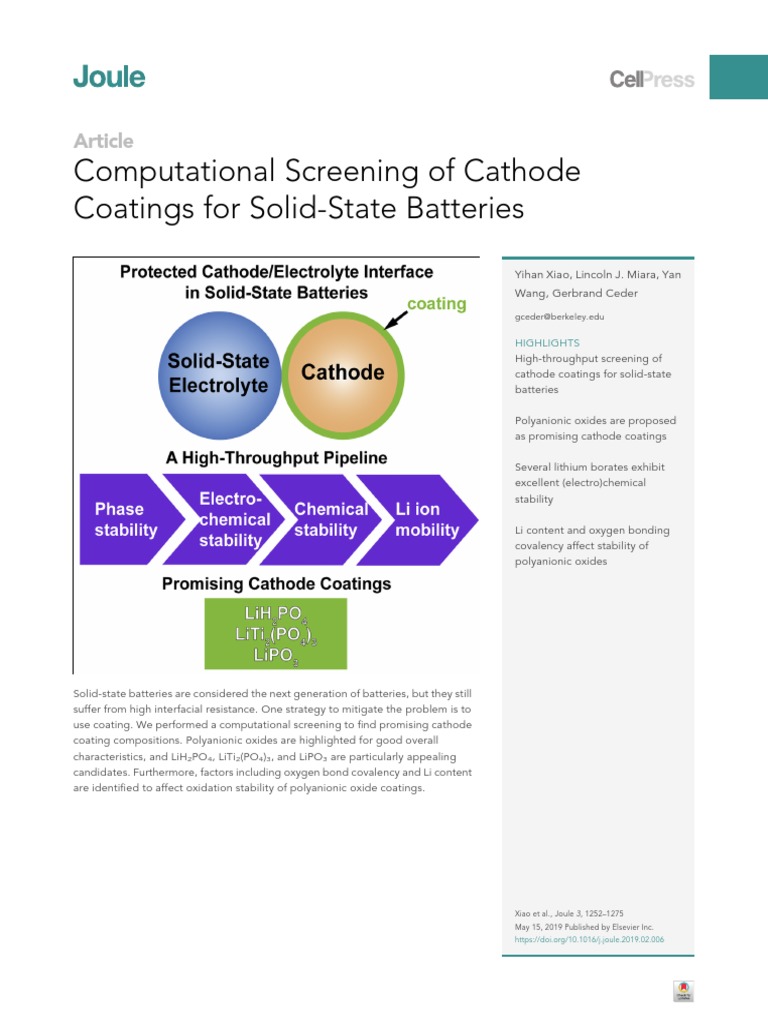 Computational Screening of Cathode Coatings For Solid-State Batteries ...