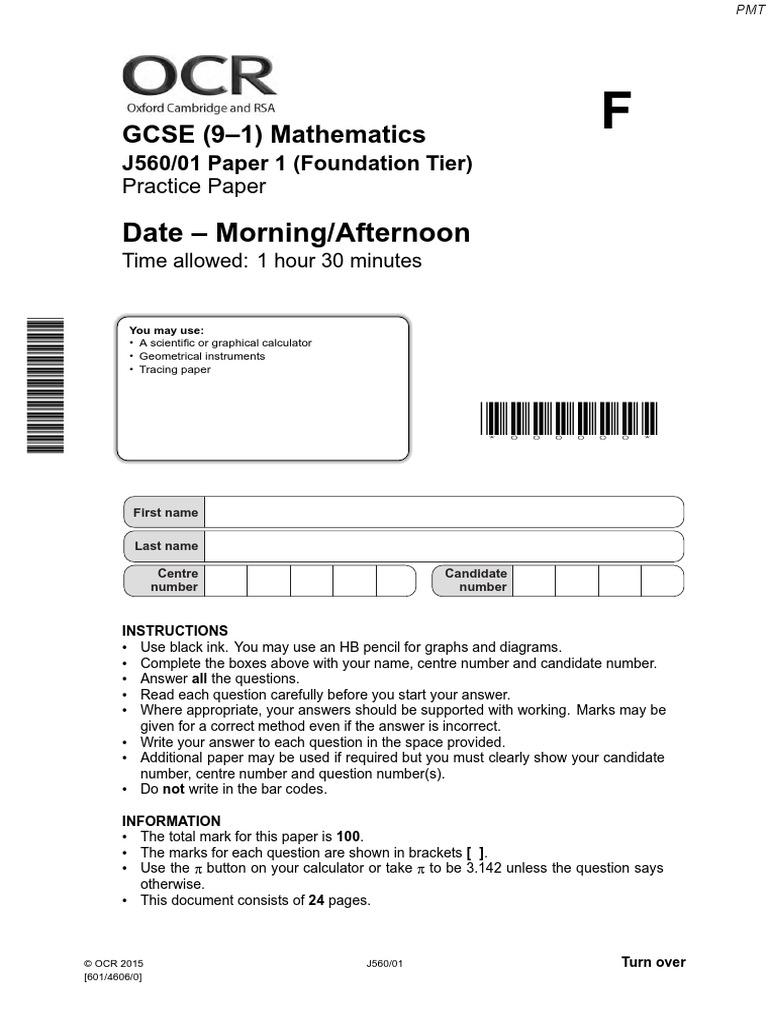 Practice QP - Paper 1 OCR Maths GCSE | PDF | Teaching Mathematics | Science