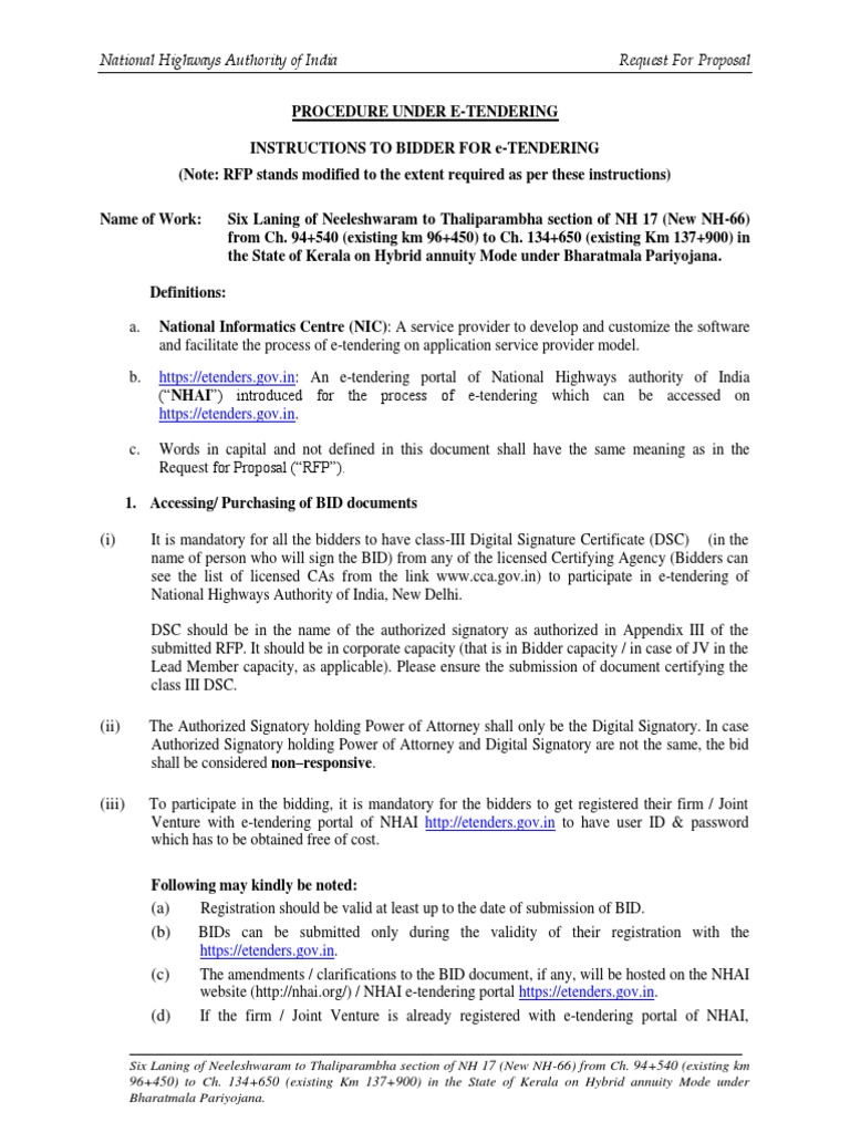 NHAI RFP: Six Laning NH-66 Kerala Project | PDF | Request For Proposal | Government