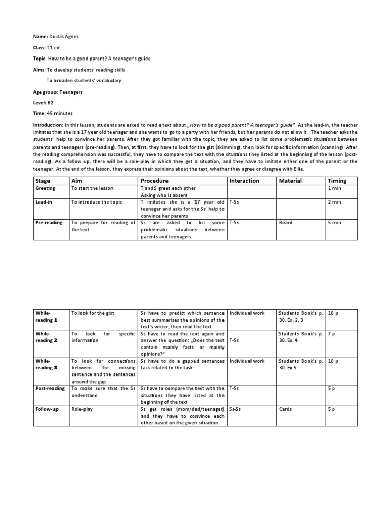 Stage Aim Procedure Interaction Material Timing | PDF | Teaching ...
