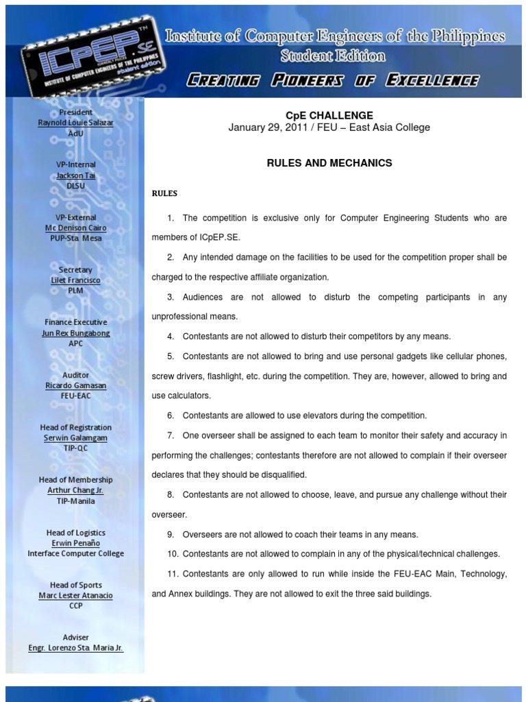 Rules, Mechanics and Scoring Systems for the CpE Challenge Computer Engineering Competition ...